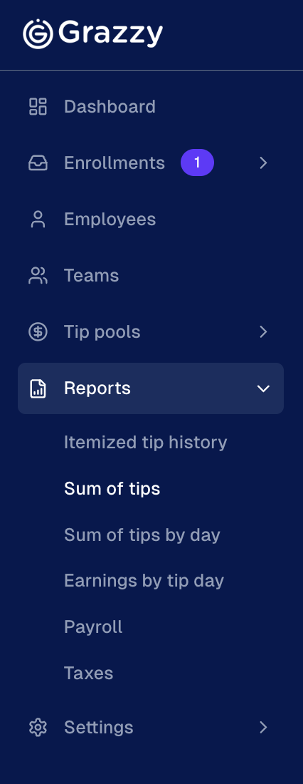Sum of tips Report – Grazzy